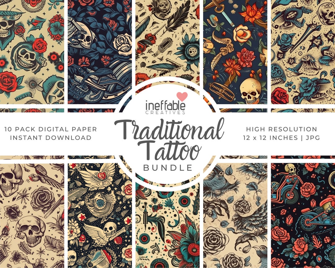 Traditional Tattoo Seamless Patterns: Digital Scrapbook Paper (digital ...