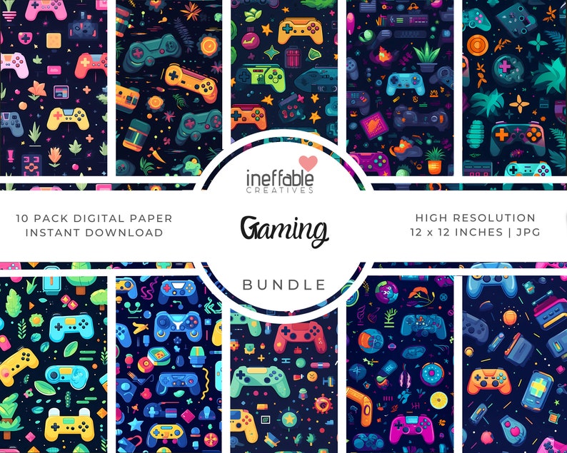 10 Seamless Gaming Inspired Patterns Digital Paper Scrapbook Patterns ...