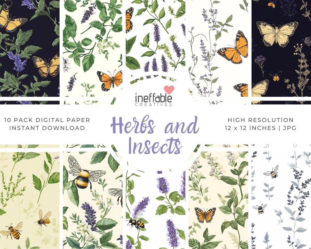 Herbs and Insects Digital Paper: Seamless Scrapbook Patterns (digital ...
