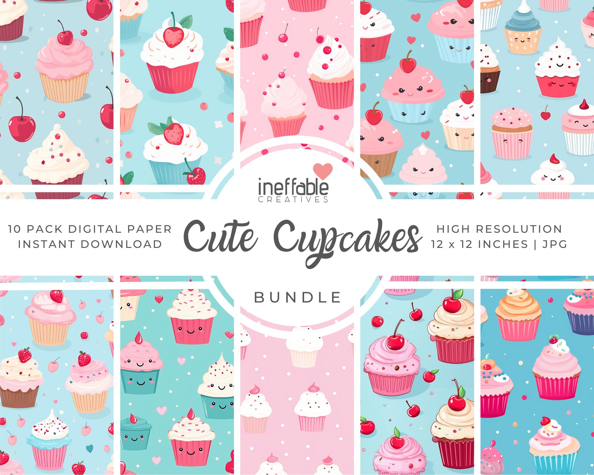 10 Seamless Cute Cupcake Themed Patterns Digital Paper Scrapbook ...