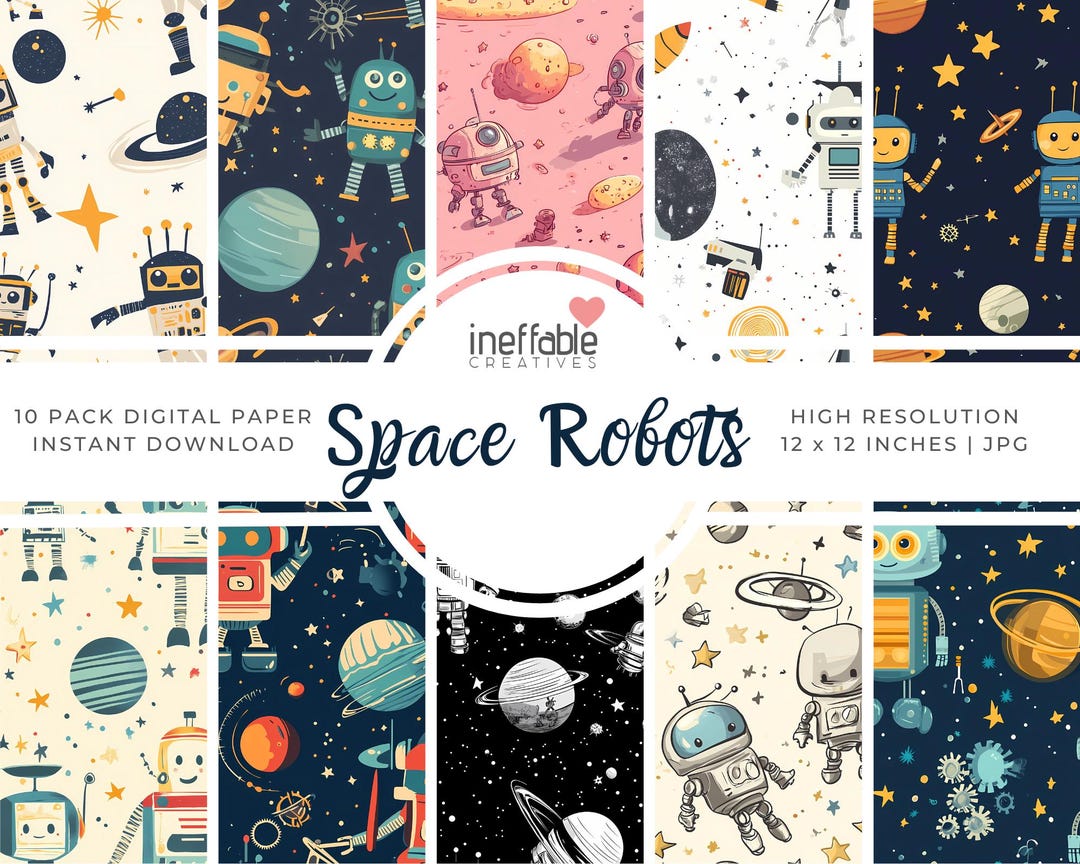 Space Robots Themed Patterns | Digital Paper Scrapbook Patterns ...