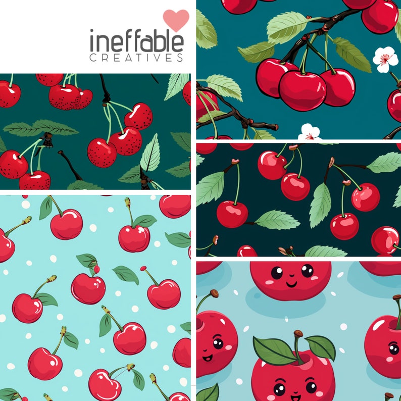 10 Seamless Cheeky Cherries Themed Patterns | Digital Paper Scrapbook ...