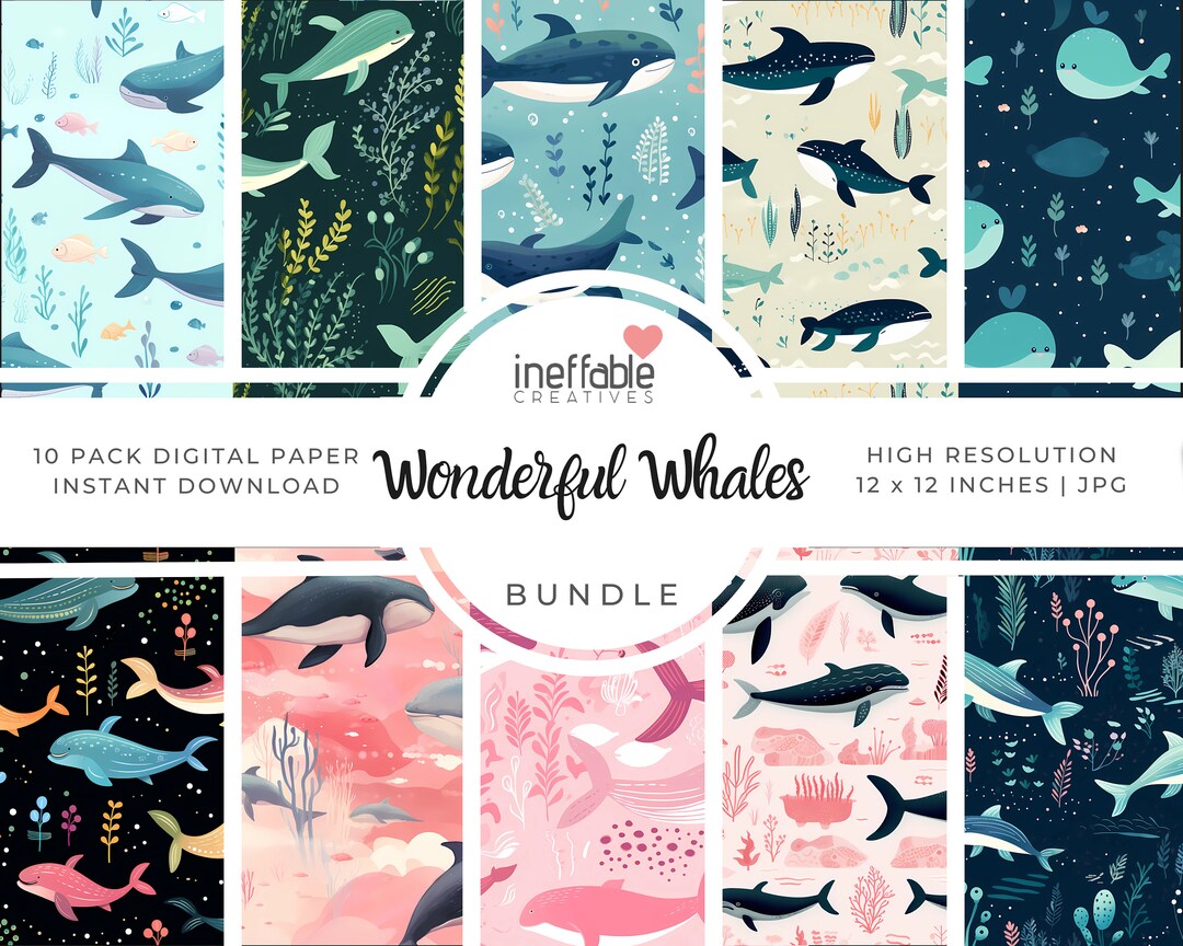 10 Seamless Wonderful Whales Patterns | Digital Paper Scrapbook ...