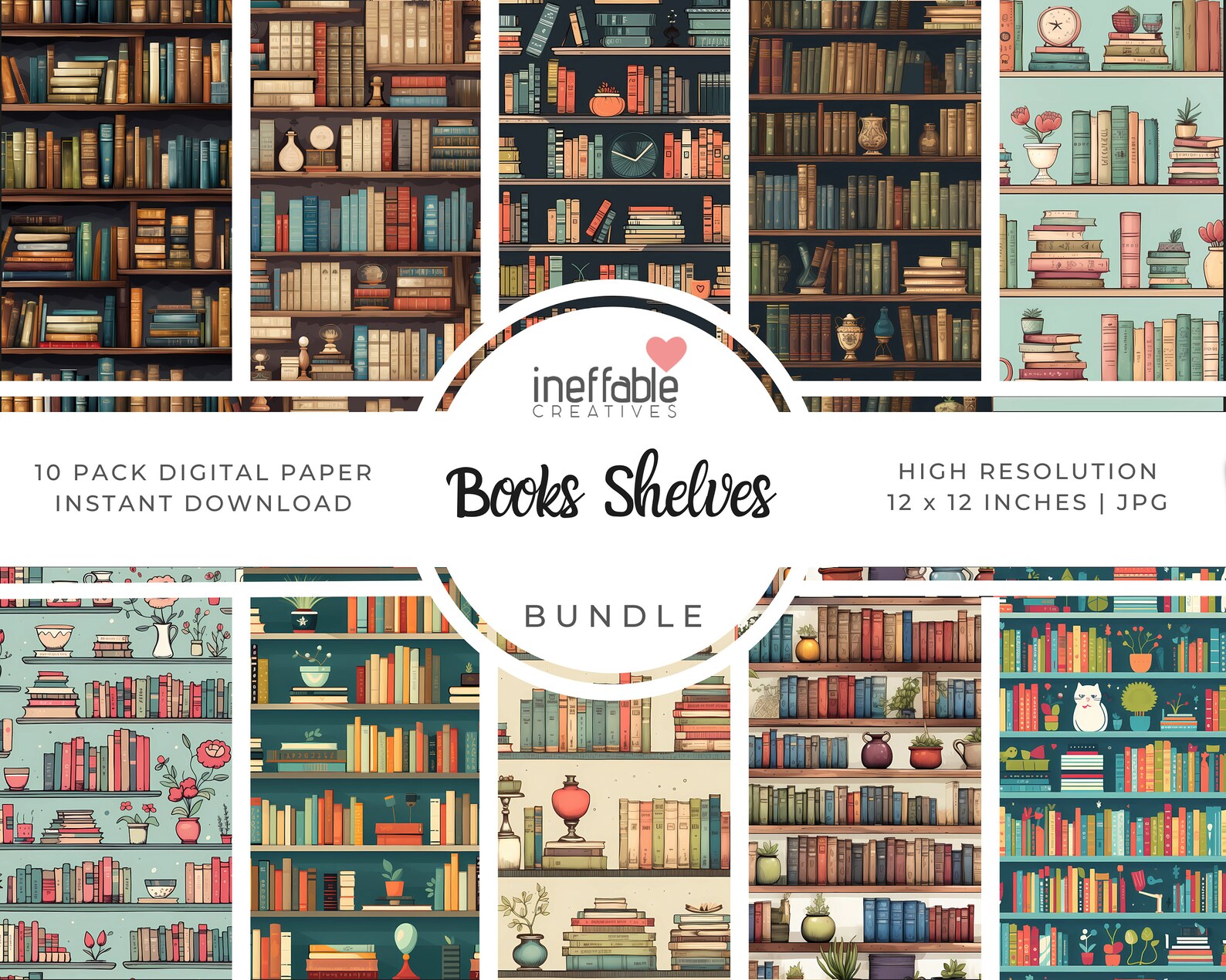 10 Seamless Book Shelf Patterns | Digital Paper Scrapbook Patterns ...