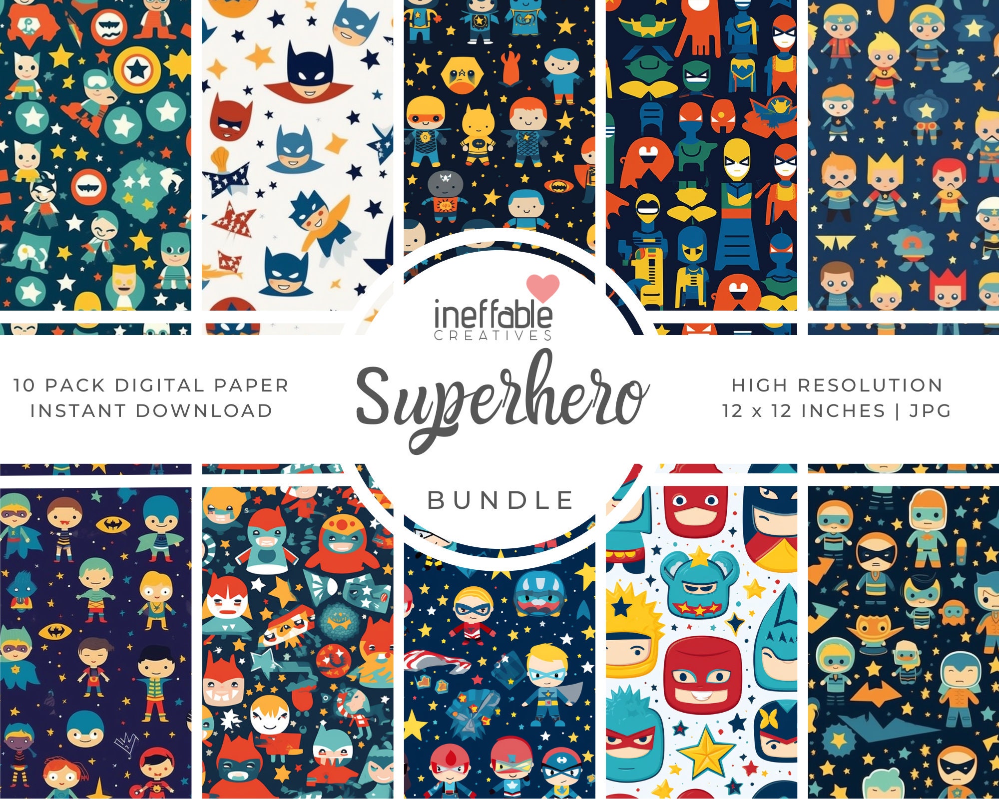 10 Seamless Superhero Themed Patterns | Digital Paper Scrapbook ...