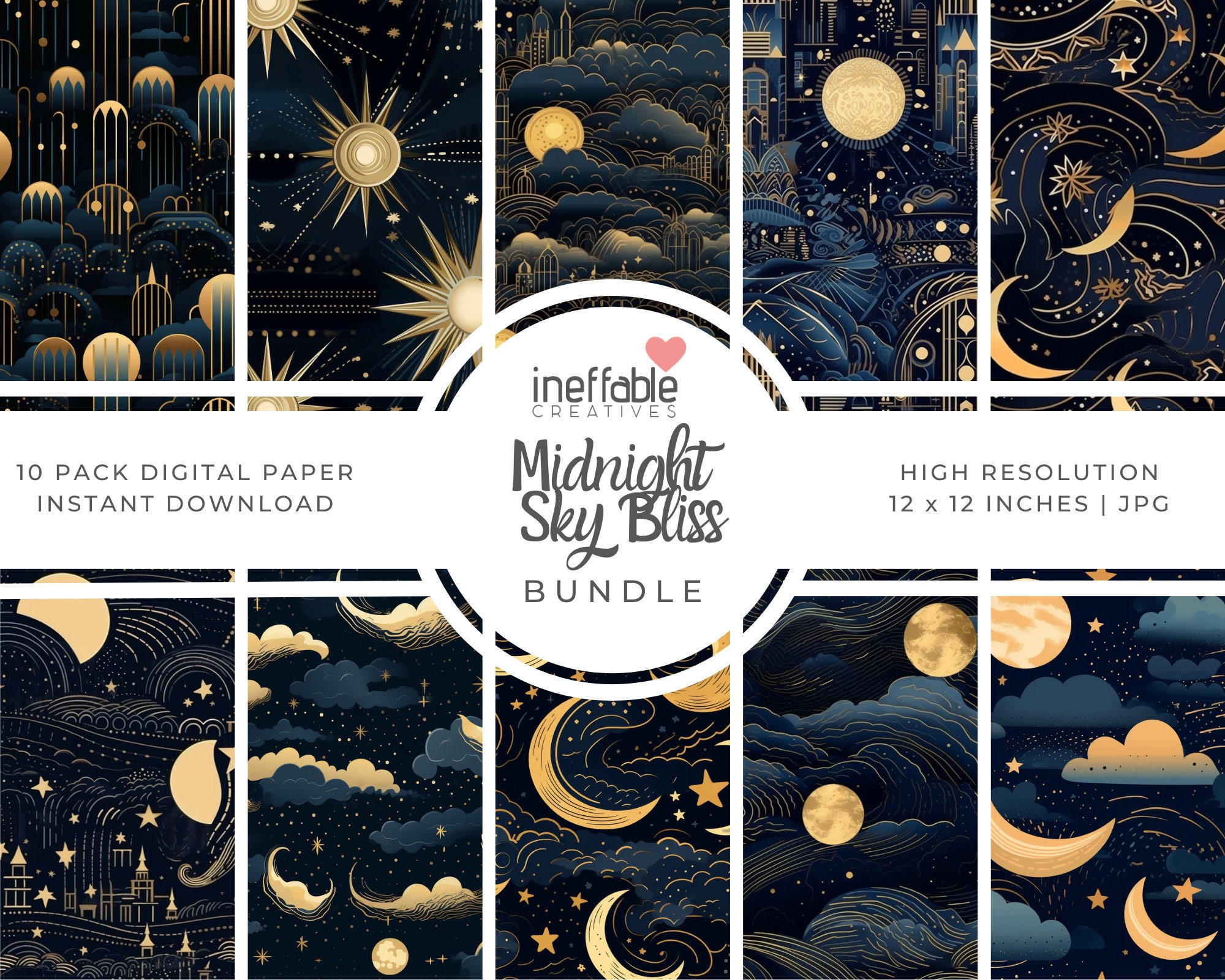 10 Seamless Midnight Sky Bliss Themed Patterns Digital Paper, Scrapbook ...