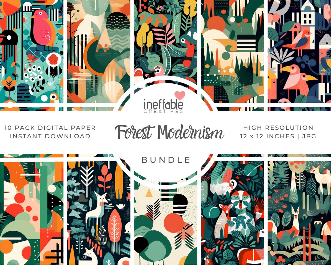 10 Seamless Forest Modernism Themed Patterns | Digital Paper, Scrapbook ...