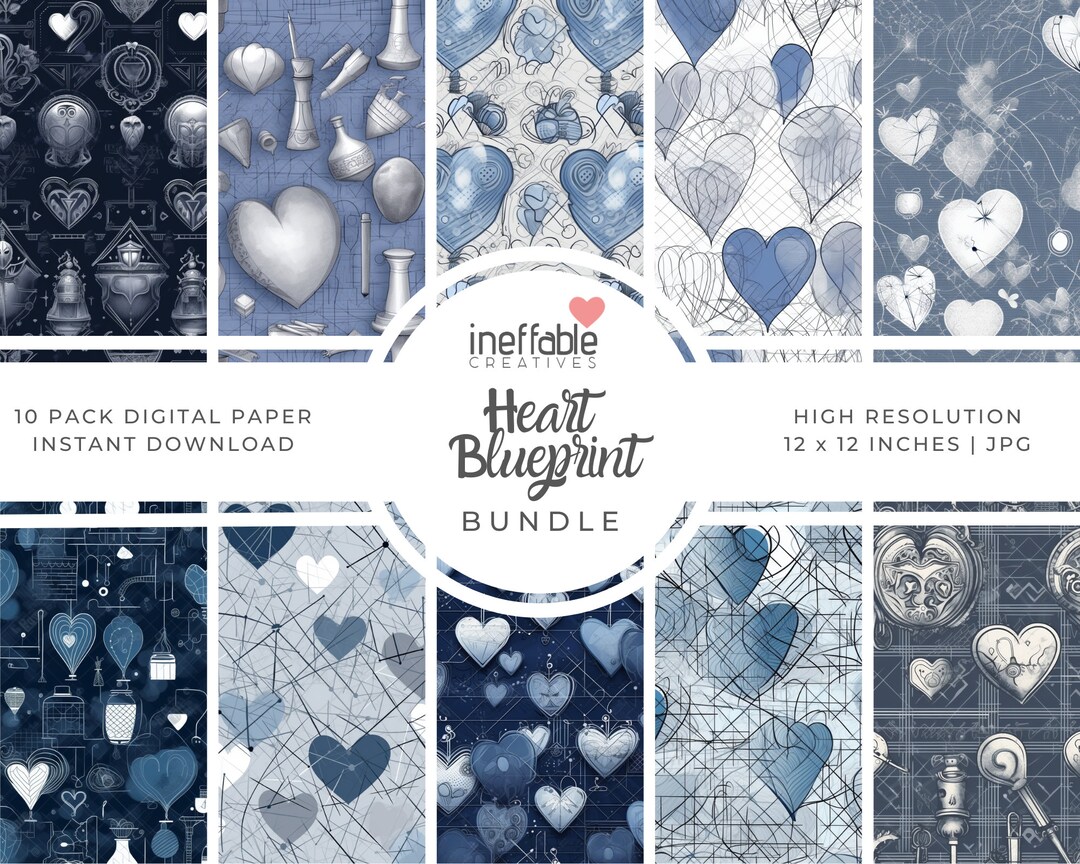 10 Seamless Heart Blueprint Themed Patterns | Digital Paper, Scrapbook ...