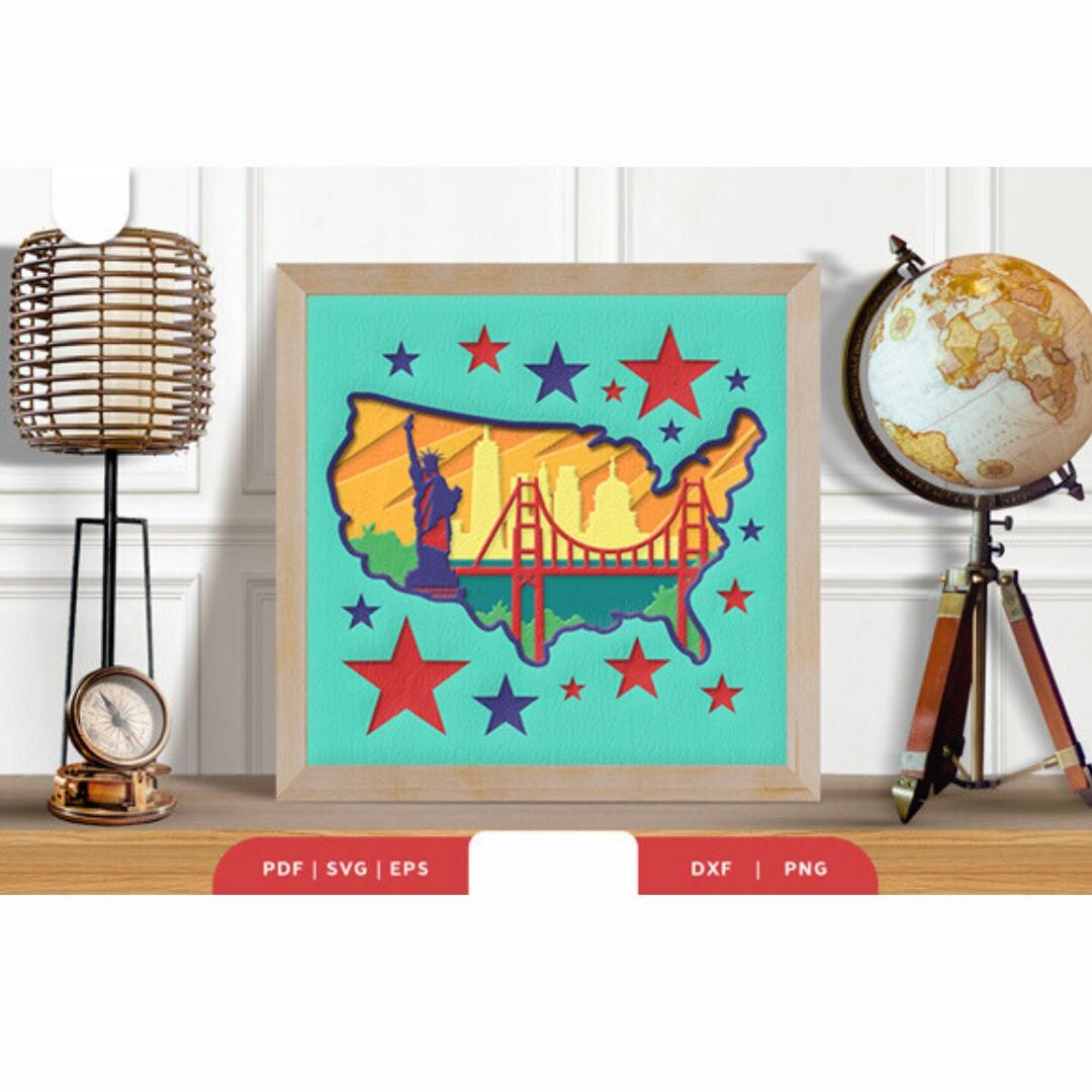 USA Map 3D Shadow Box Paper Cut Light Box, 3D Paper Cut Shadow Box ...