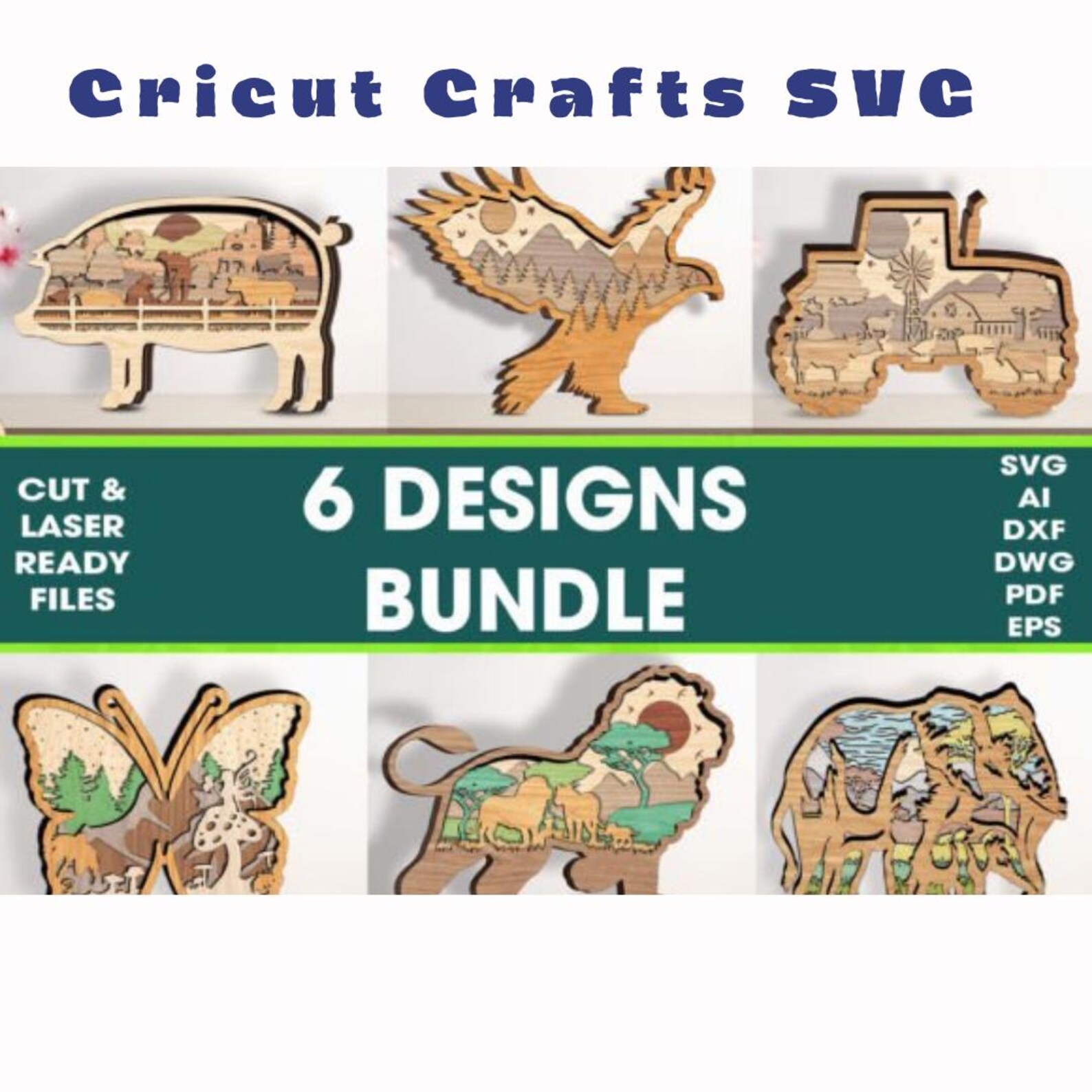 6 Designs 3D Layered Cut File Bundle, Animal Laser Cut File, 3D Laser ...