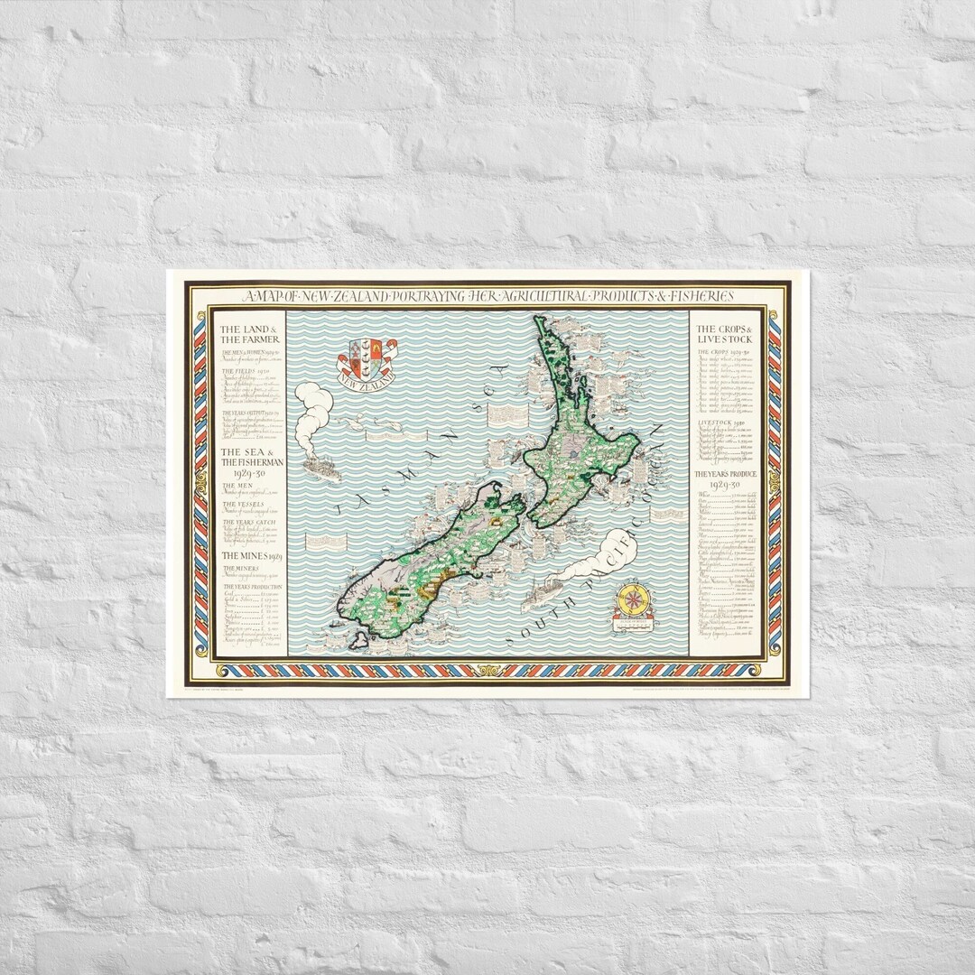 Gil Macdonald Vintage Map of New Zealand With Agricultural - Etsy