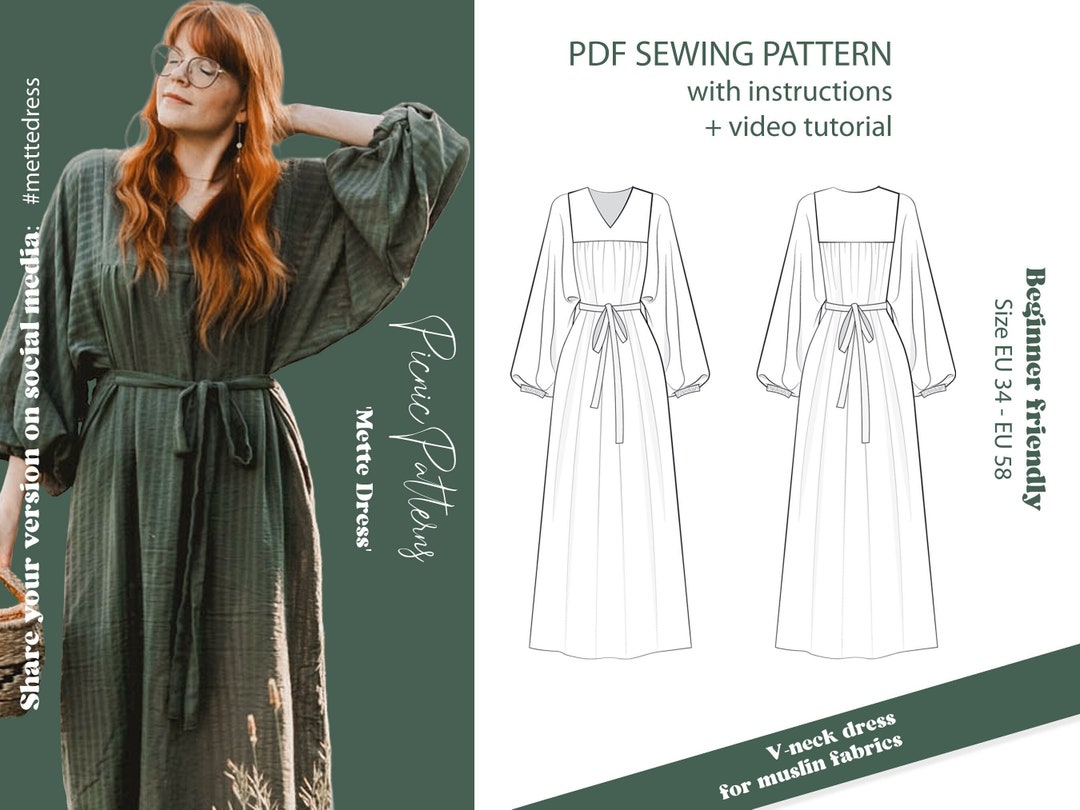 Muslin Midi Daydress With Balloon Sleeves + V-neck | A-line Dress PDF ...