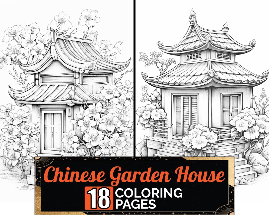 Small Chinese Garden House Coloring Book, 18 Detail Greyscale Adult ...