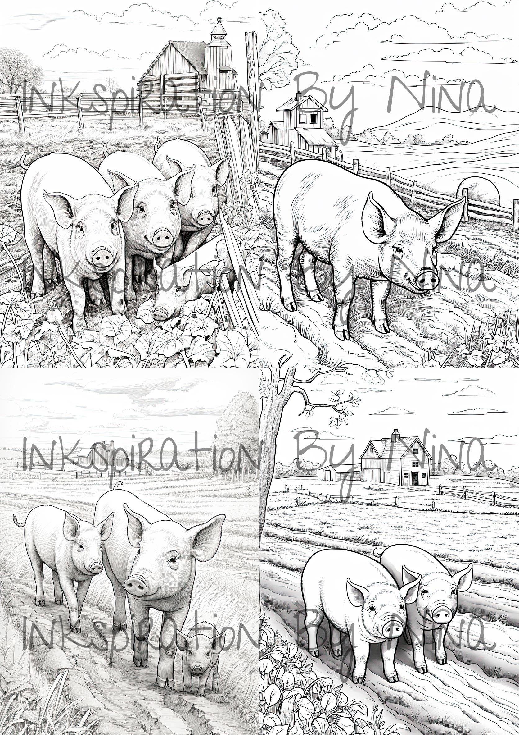 Farmland Pig Coloring Book, 21 Greyscale Adult & Kids Farm Animal ...