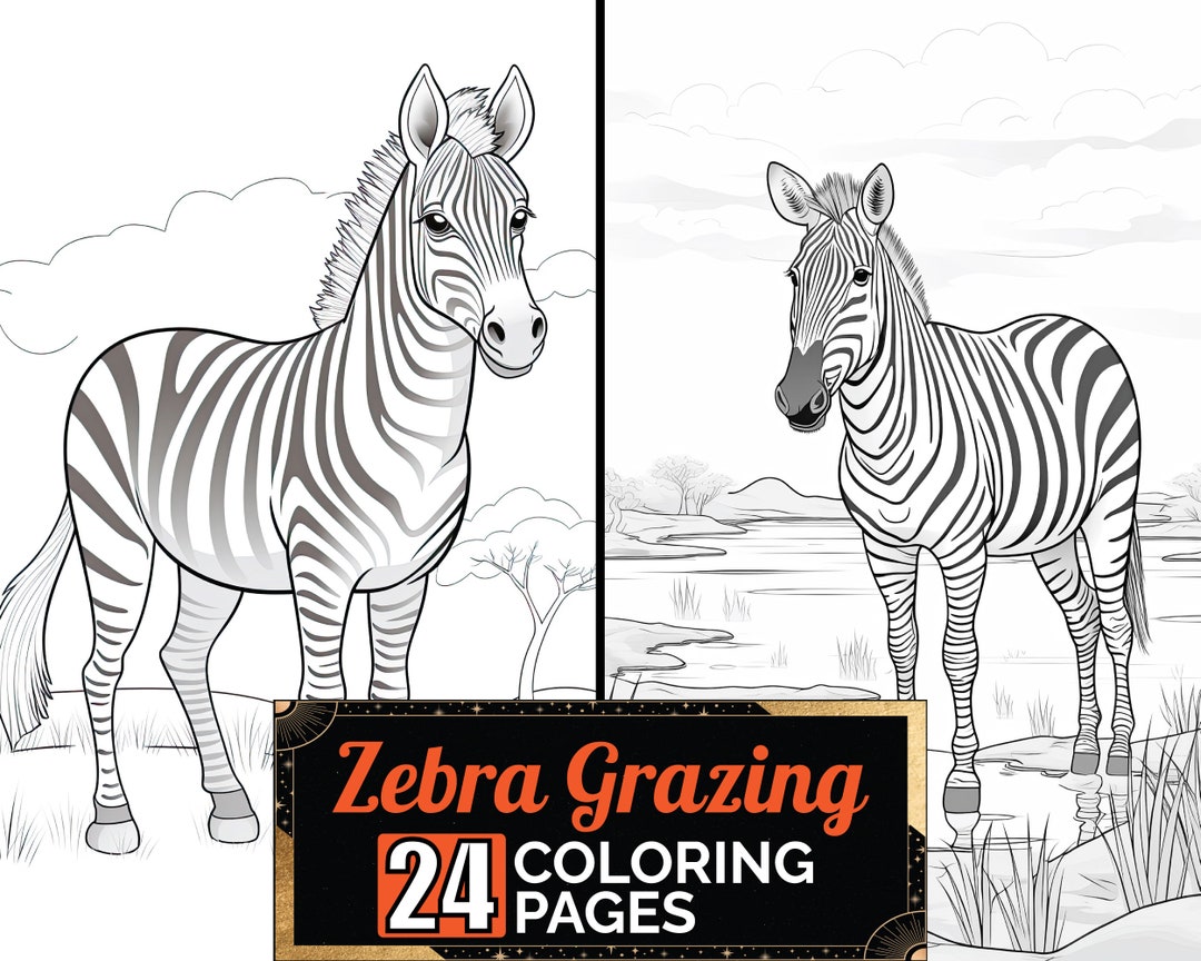 Zebra Grazing African Plains Coloring Book, 24 Detail Greyscale Adult ...