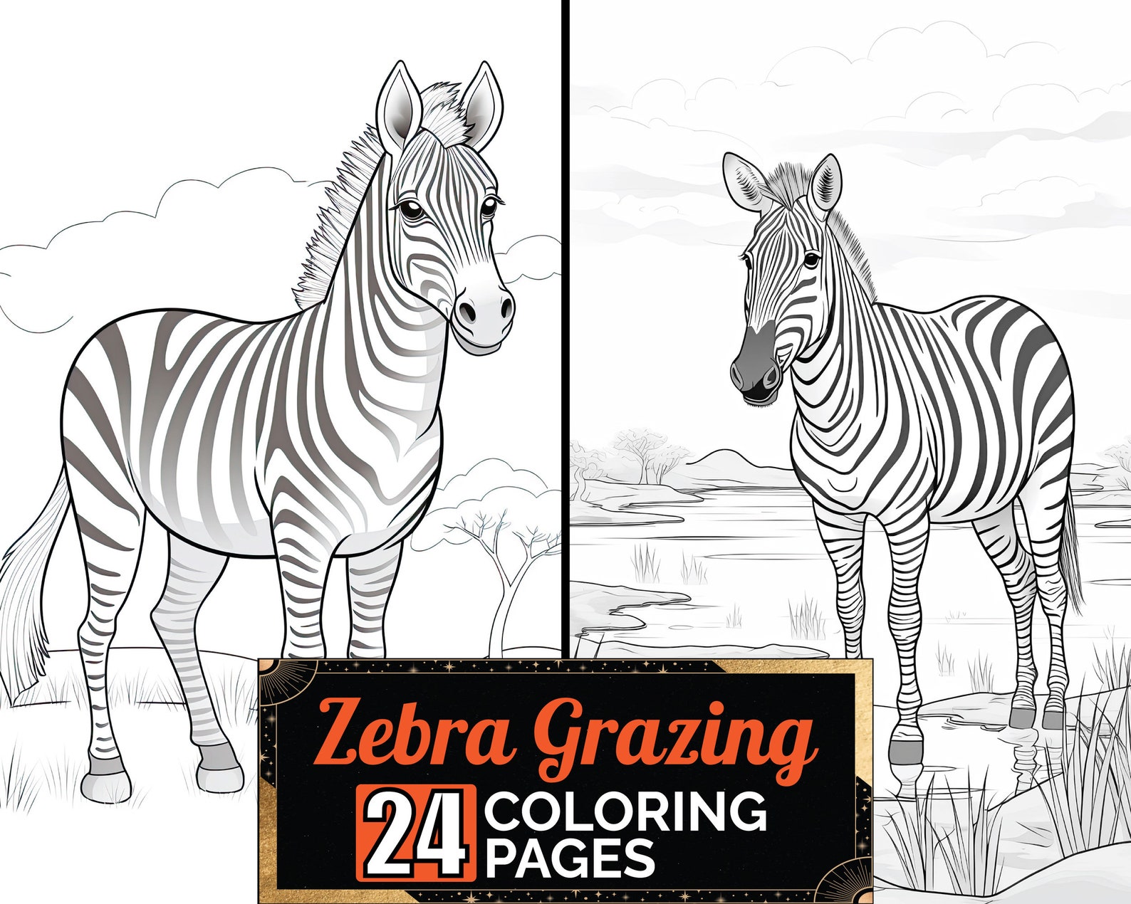 Zebra Grazing African Plains Coloring Book, 24 Detail Greyscale Adult ...