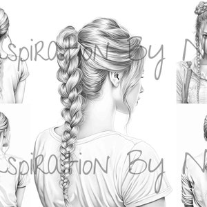 Pigtail Braids Hairstyle Woman Coloring Book, 20 Greyscale Adult & Kid ...