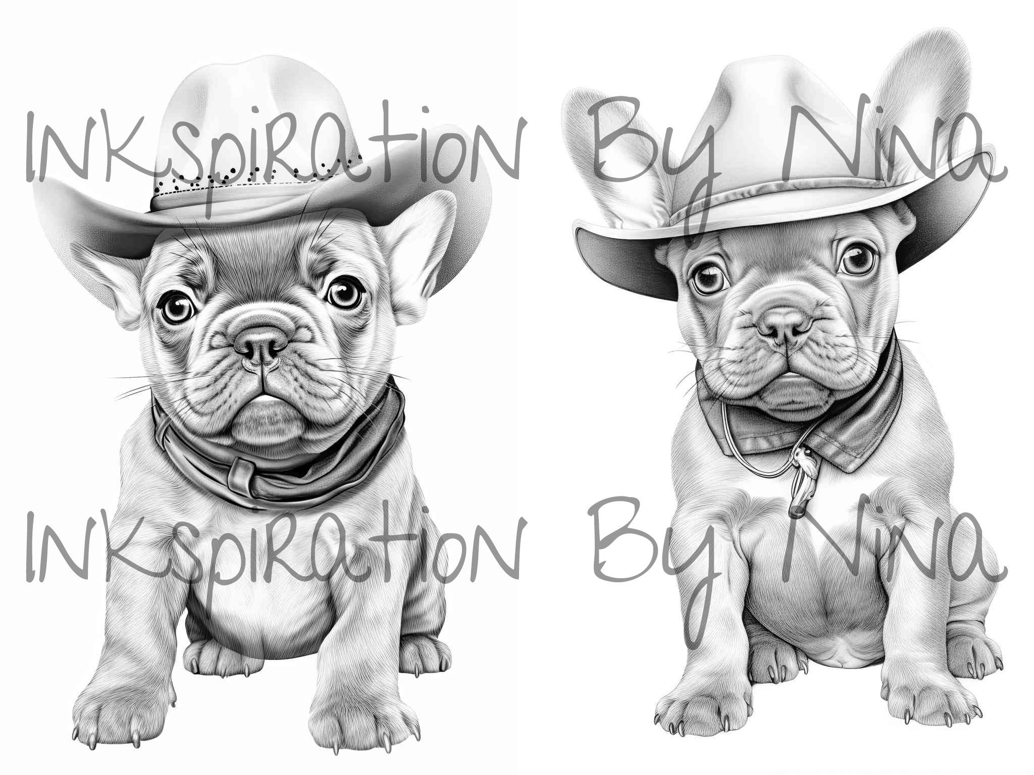 Cowboy Hat French Bulldog Pup Coloring Book, 12 Detail Greyscale Adult ...