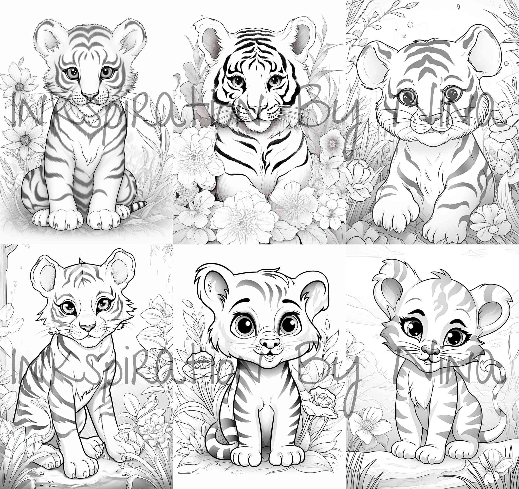 Cute Friendly Tiger Coloring Book, 24 Detail Greyscale Adult & Kids ...