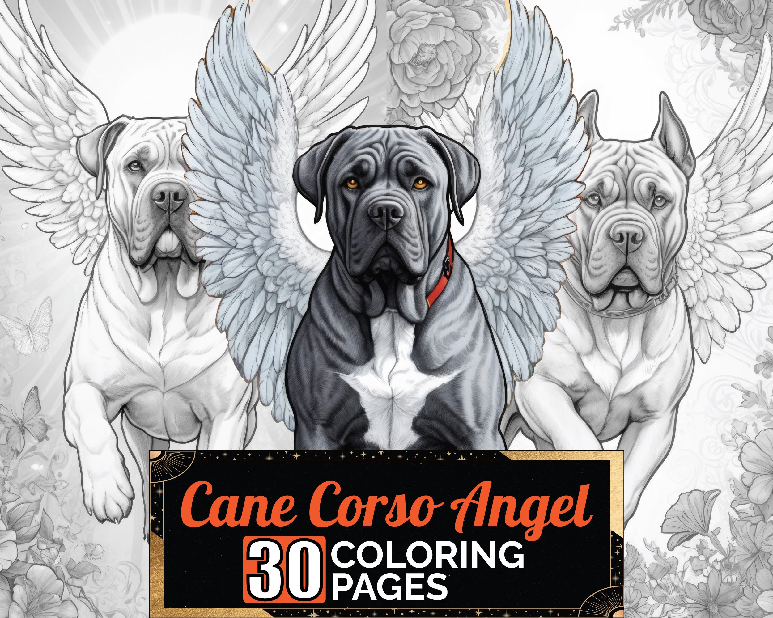 Cane Corso Angel Coloring Book, 30 Detail Greyscale Adult & Kids Good ...
