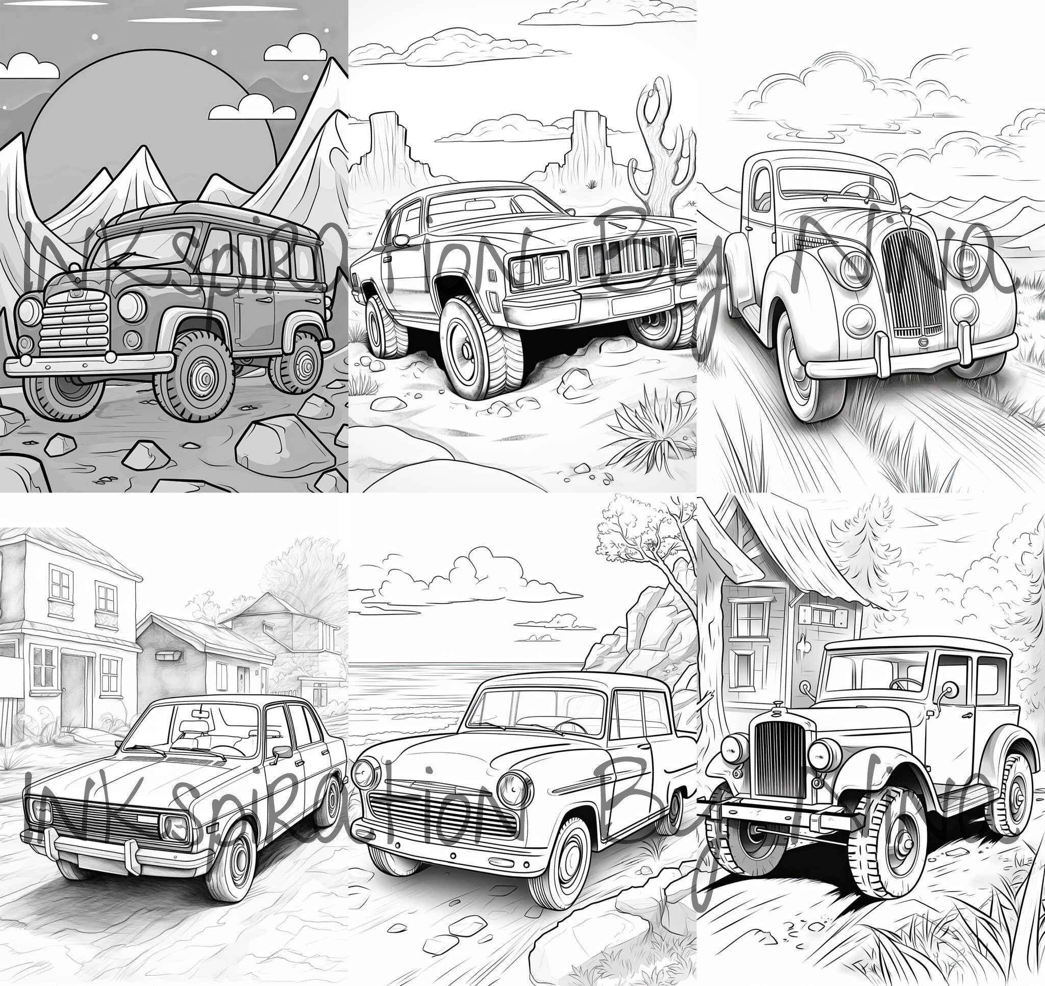 Vintage Car Coloring Book, 24 Greyscale Adult & Kids Detail Old Car ...