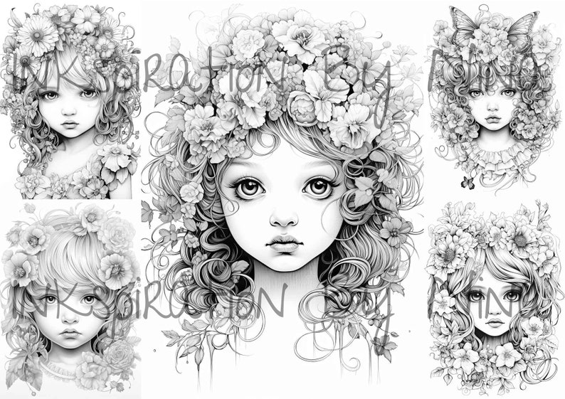 Little Flower Girl Coloring Book, 20 Greyscale Adult & Kid Detail ...