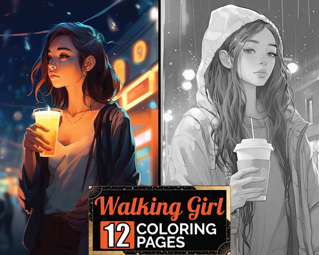 Street Walking Pigtail Girl Coloring Book, 12 Greyscale Adult & Kids ...