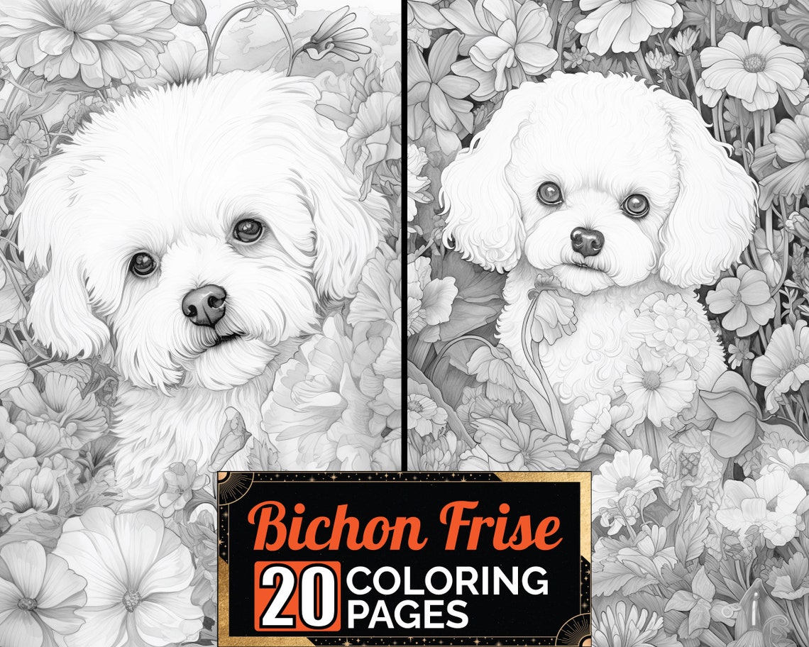 Bichon Frise in Flowers Coloring Book, 20 Detail Greyscale Adult & Kids ...