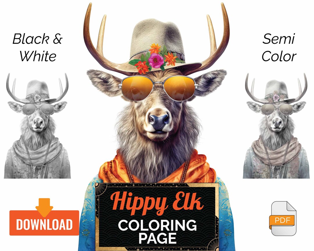 Hippy Elk Coloring Book, Black & White, Semi Color Premium A4 Size Page ...