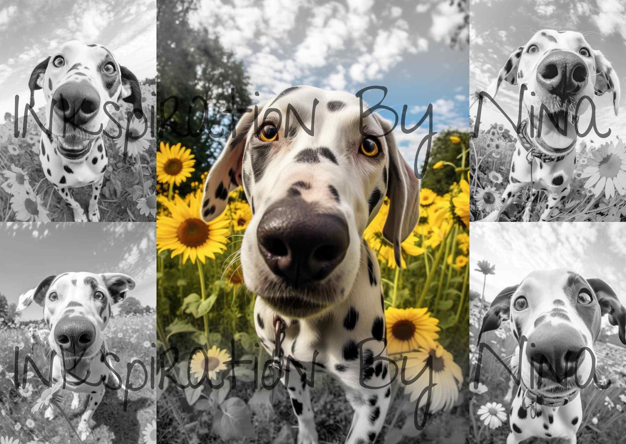 Dalmatian in Flower Field Coloring Book, 21 Detail Greyscale Adult ...