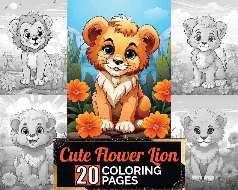Cute Lion in Flowers Coloring Book, 20 Detail Greyscale Adult & Kids ...