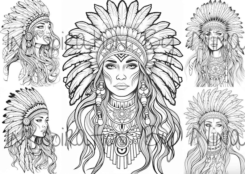 Native American Woman Headdress Coloring Book, 15 Greyscale Adult & Kid ...