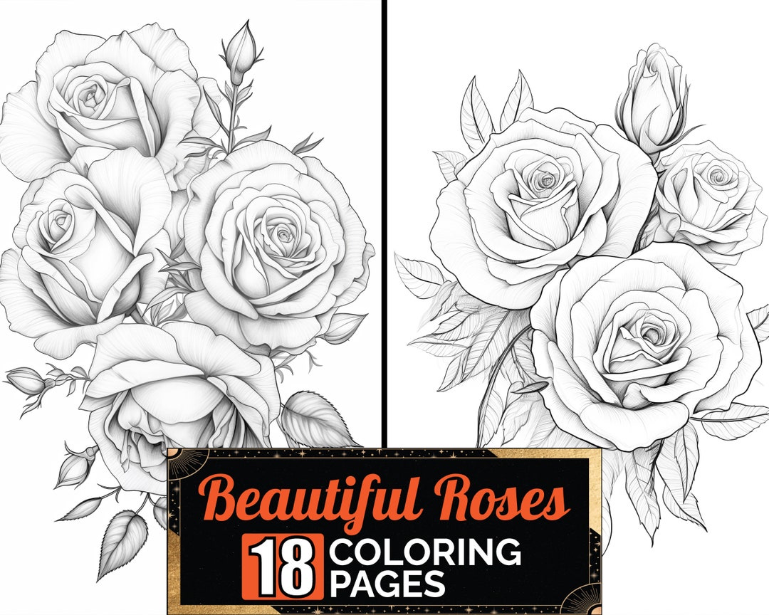 Beautiful Roses Coloring Book, 18 Detail Greyscale Adult & Kids Flower ...