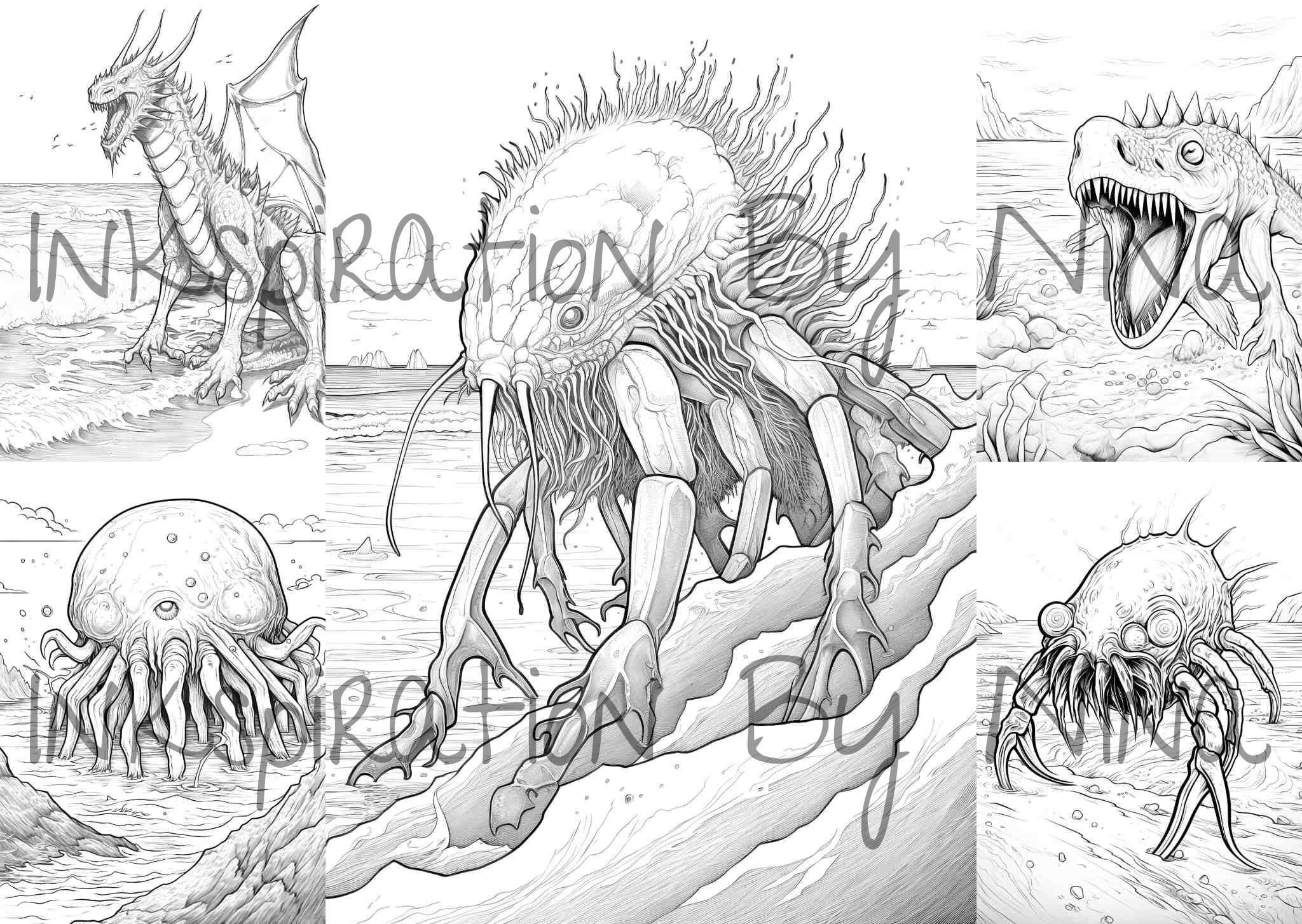 Scary Sea Monster Coloring Book, 27 Detail Greyscale Adult & Kid Sea ...