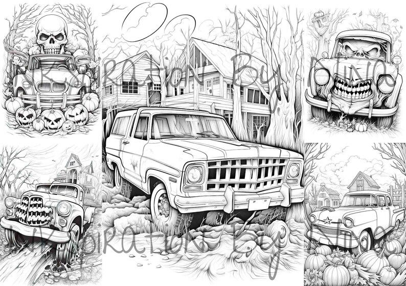 Scary Halloween Cars Coloring Book, 20 Greyscale Adult & Kids Detailed ...