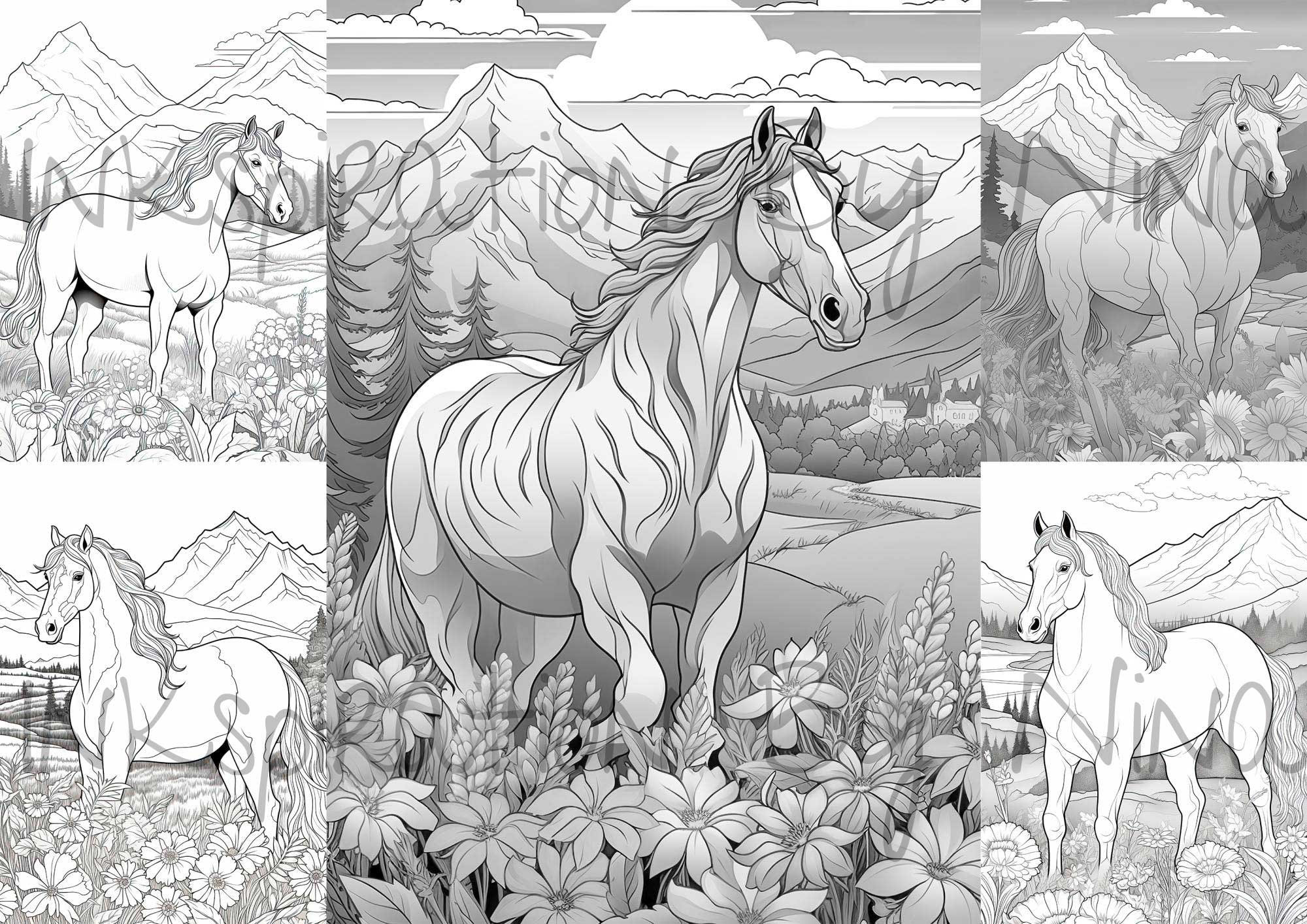 Horse on A Flower Meadow Field Coloring Pages, 25 Premium Adult Kids ...