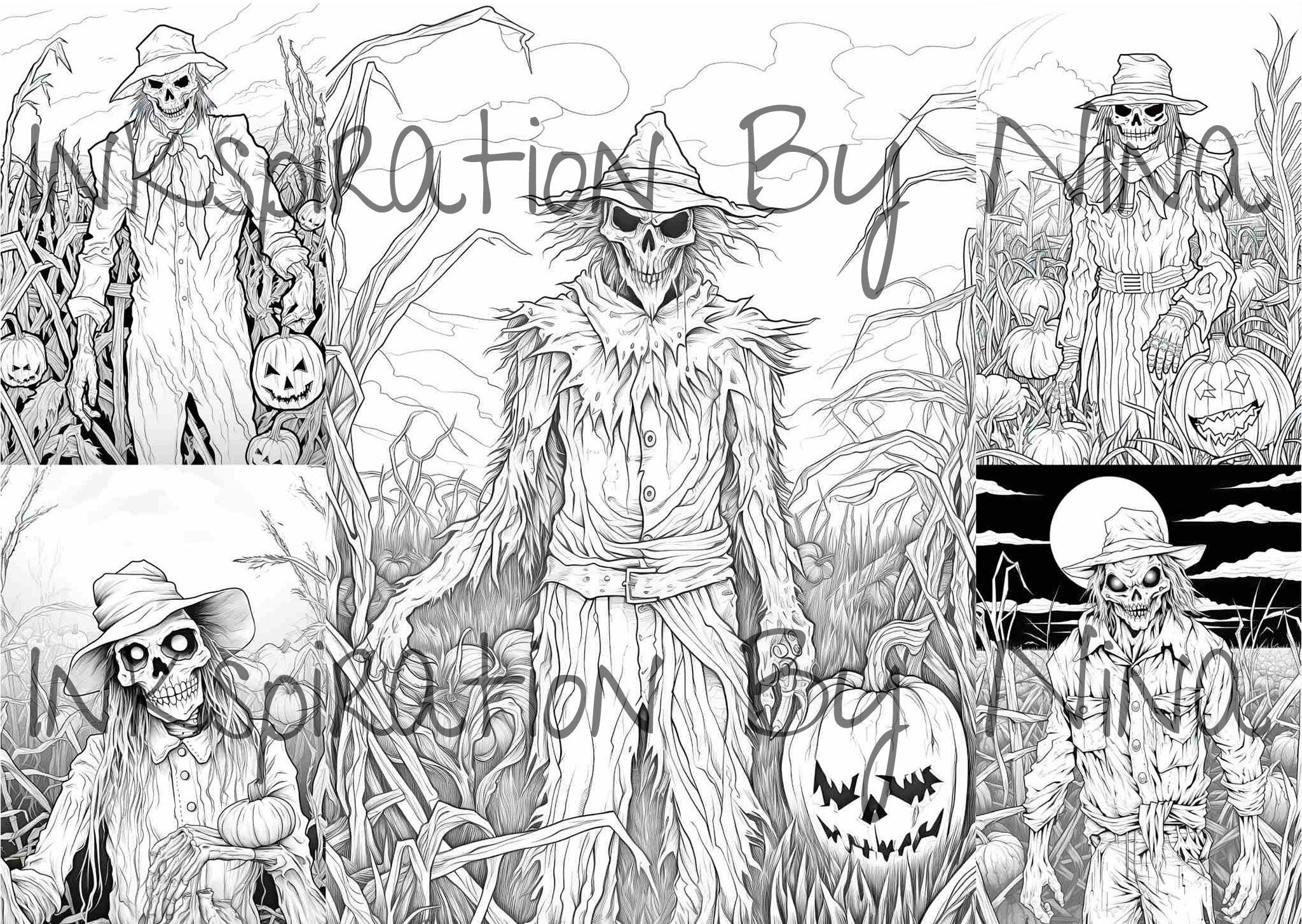 Spooky Scarecrow Field Coloring Book 20 Greyscale Adult & - Etsy