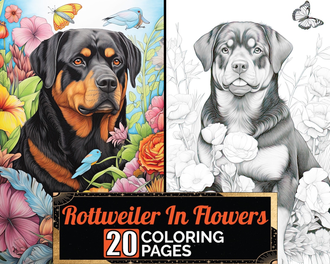 Rottweiler in Flowers Coloring Pages, 20 Premium Coloring Sheets, Adult ...