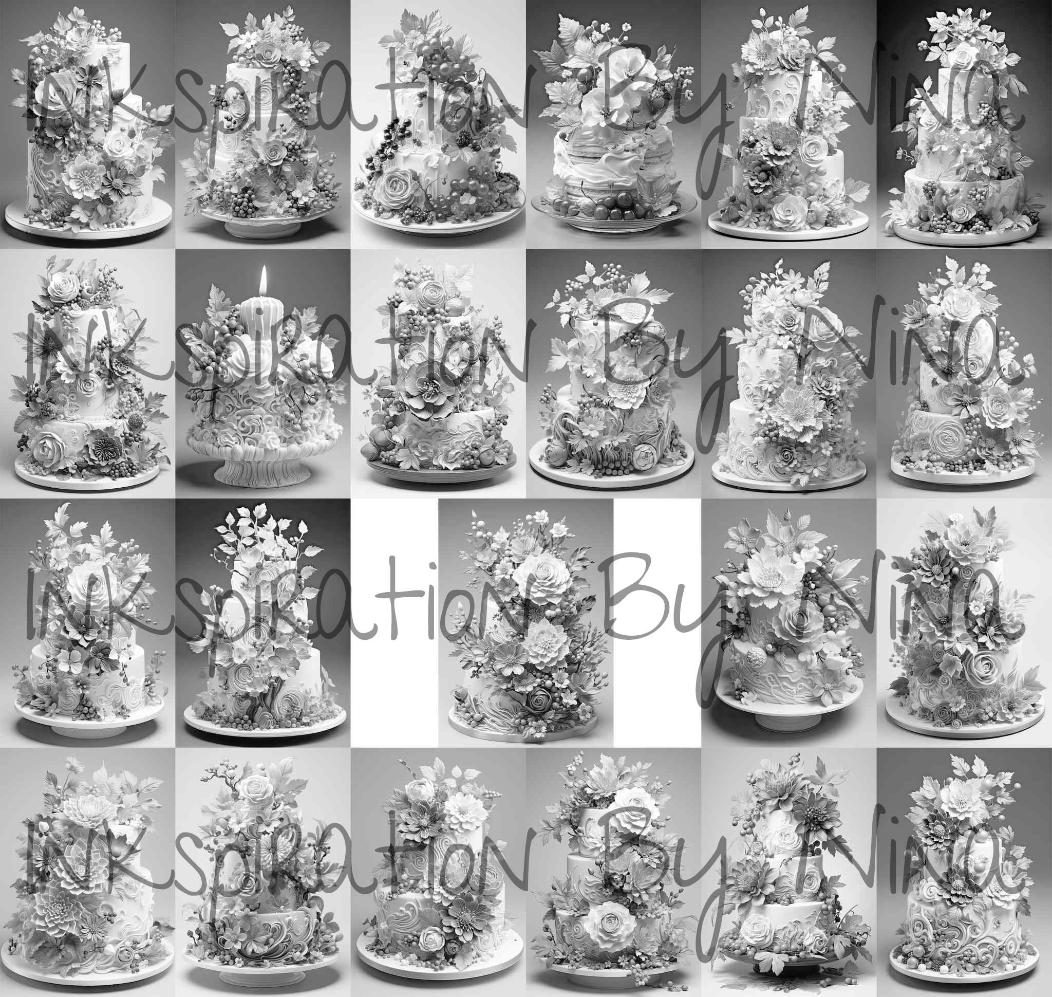 Flower Wedding Cake Design Coloring Book, 23 Detail Greyscale Adult ...