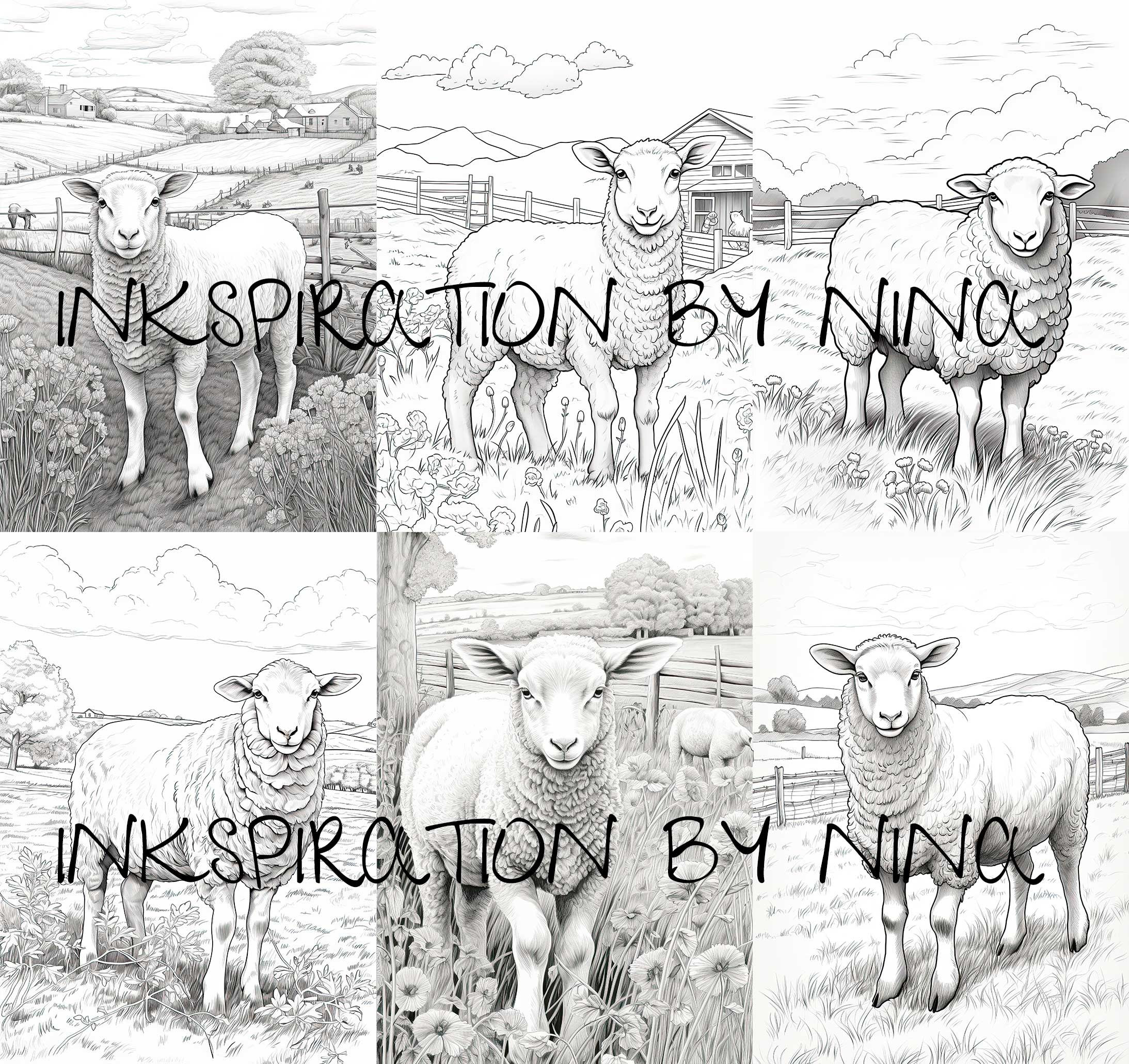 Farmland Sheep Coloring Book, 30 Detail Greyscale Adult & Kids Farm ...