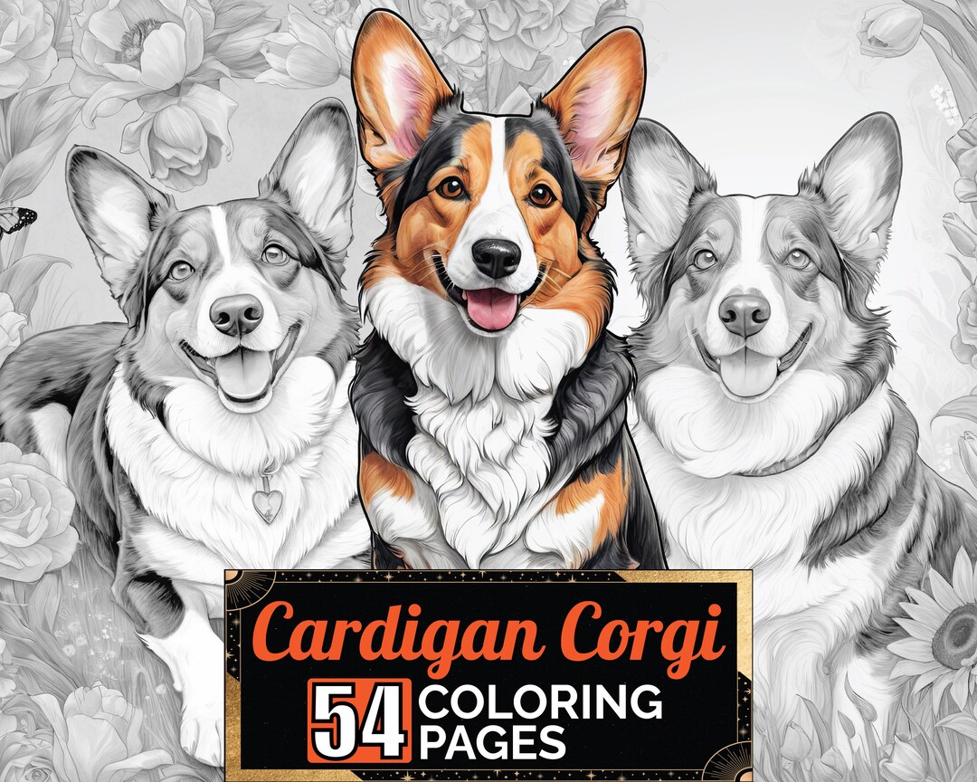 Cardigan Welsh Corgi in Flowers Coloring Book, 54 Detail Greyscale ...