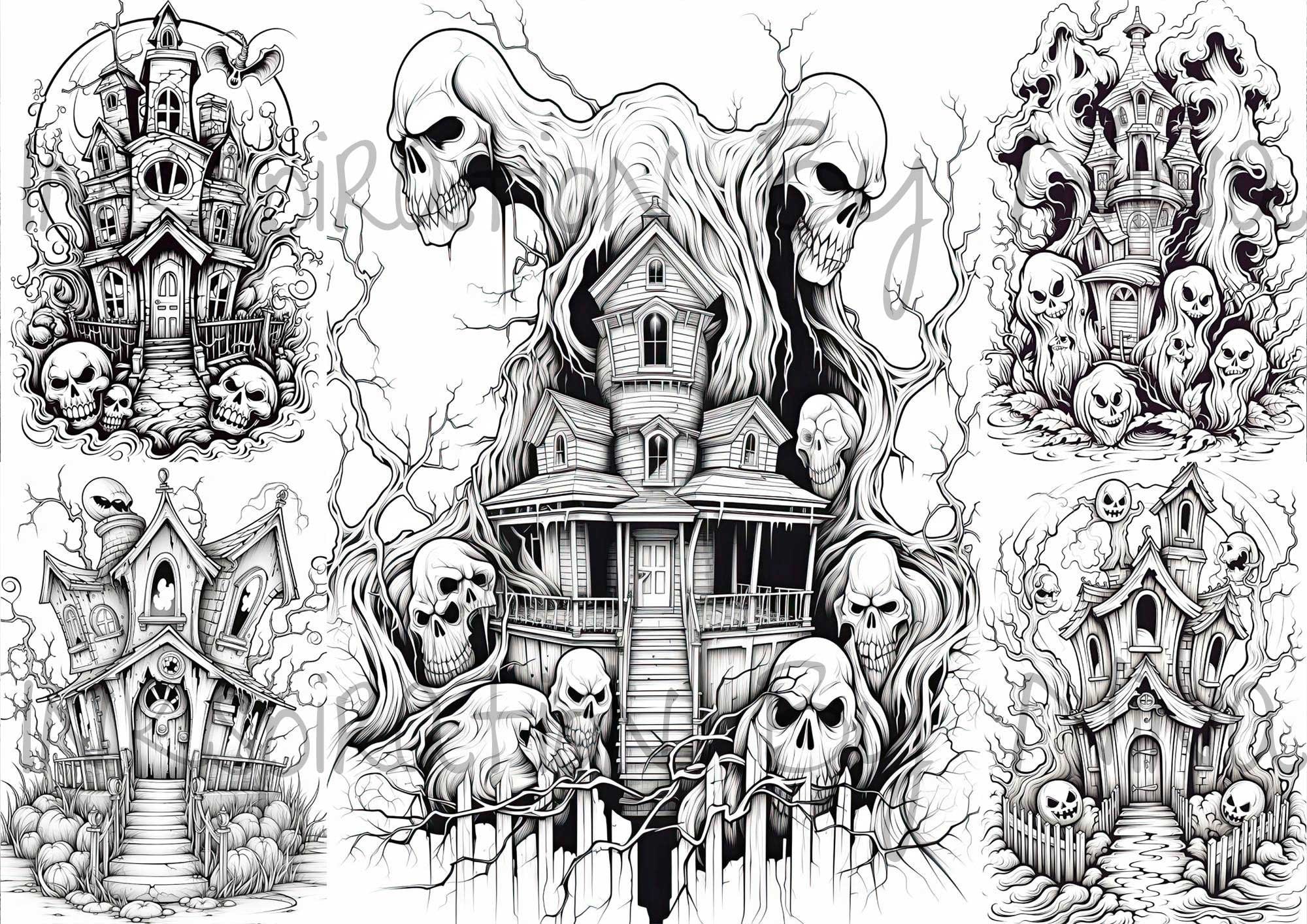 Scary Haunted House Halloween Coloring Pages 20 Premium Adult - Etsy