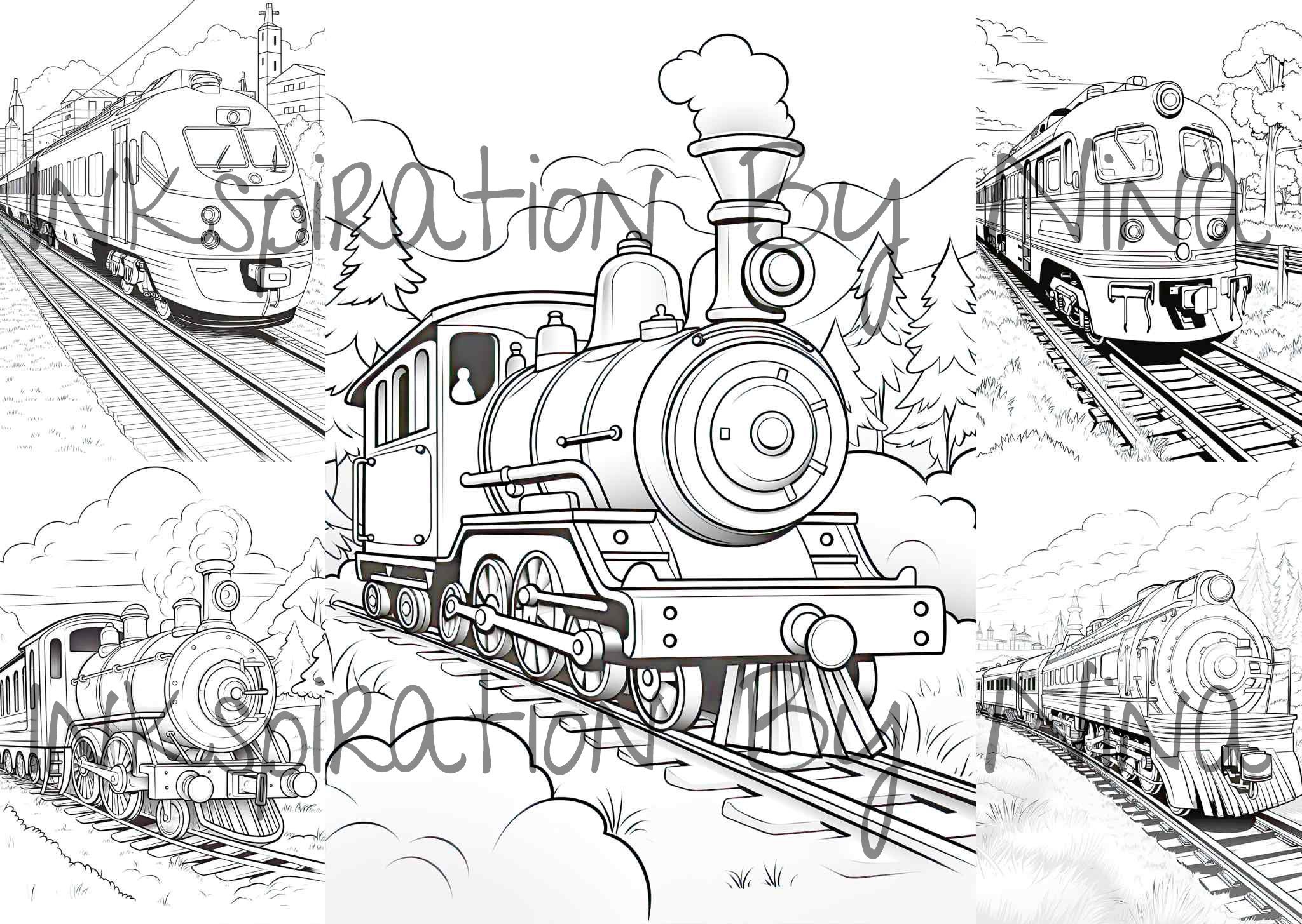 Train in Motion Coloring Book, 26 Detail Greyscale Adult & Kids ...