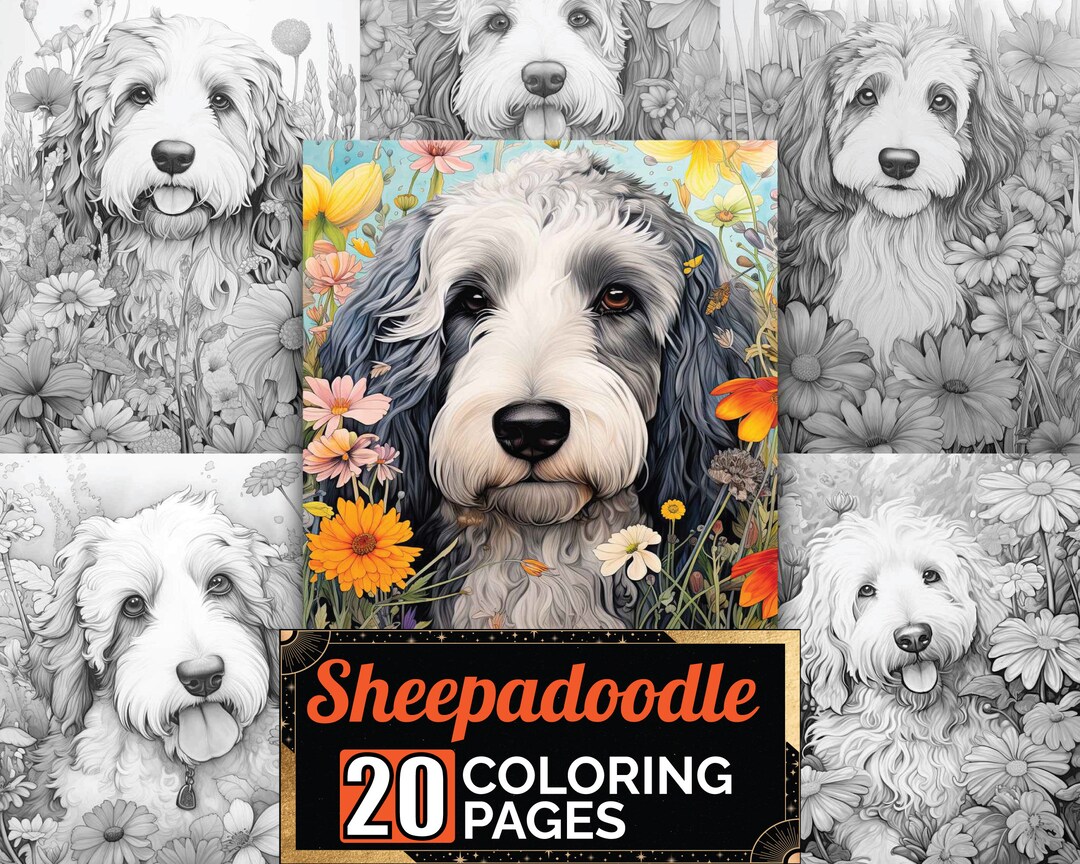 Sheepadoodle in Flowers Coloring Book, 20 Premium Adult & Kids Dog ...
