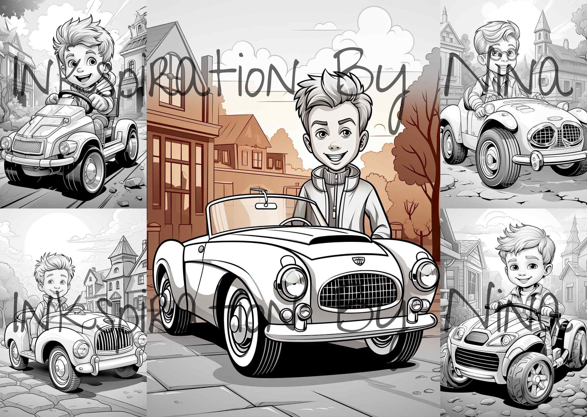 Cute Boy in Sports Car Coloring Book, 16 Detail Greyscale Adult & Kids ...
