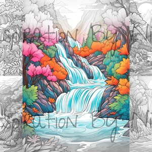Colorful Forest Tree Waterfall Coloring Book, 20 Detail Greyscale Adult ...