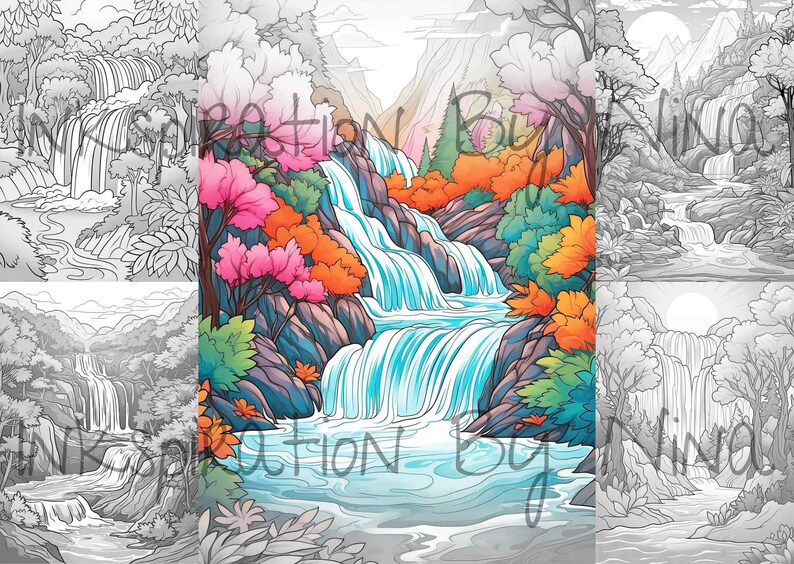 Colorful Forest Tree Waterfall Coloring Book, 20 Detail Greyscale Adult ...