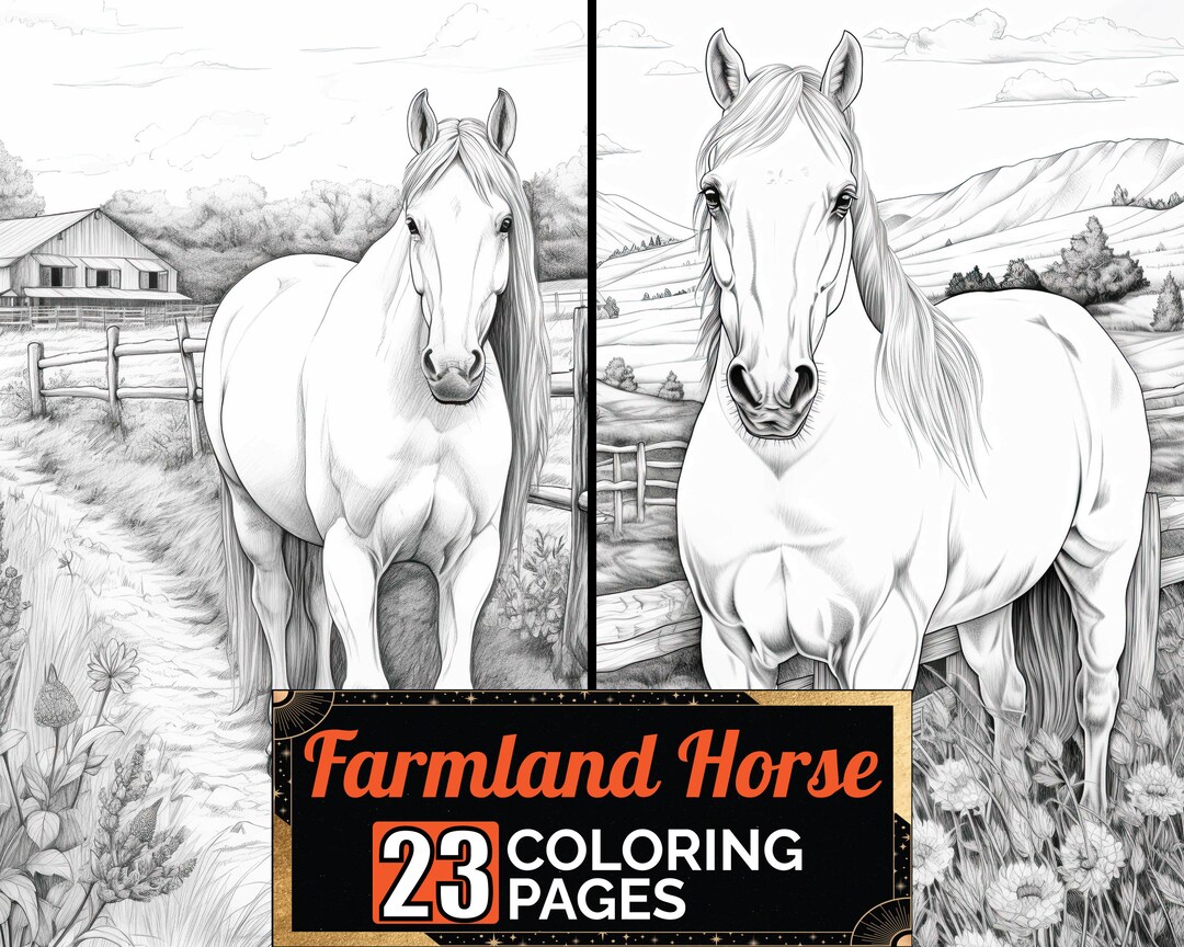 Farmland Horse Coloring Book, 23 Greyscale Adult & Kids Farm Animal ...