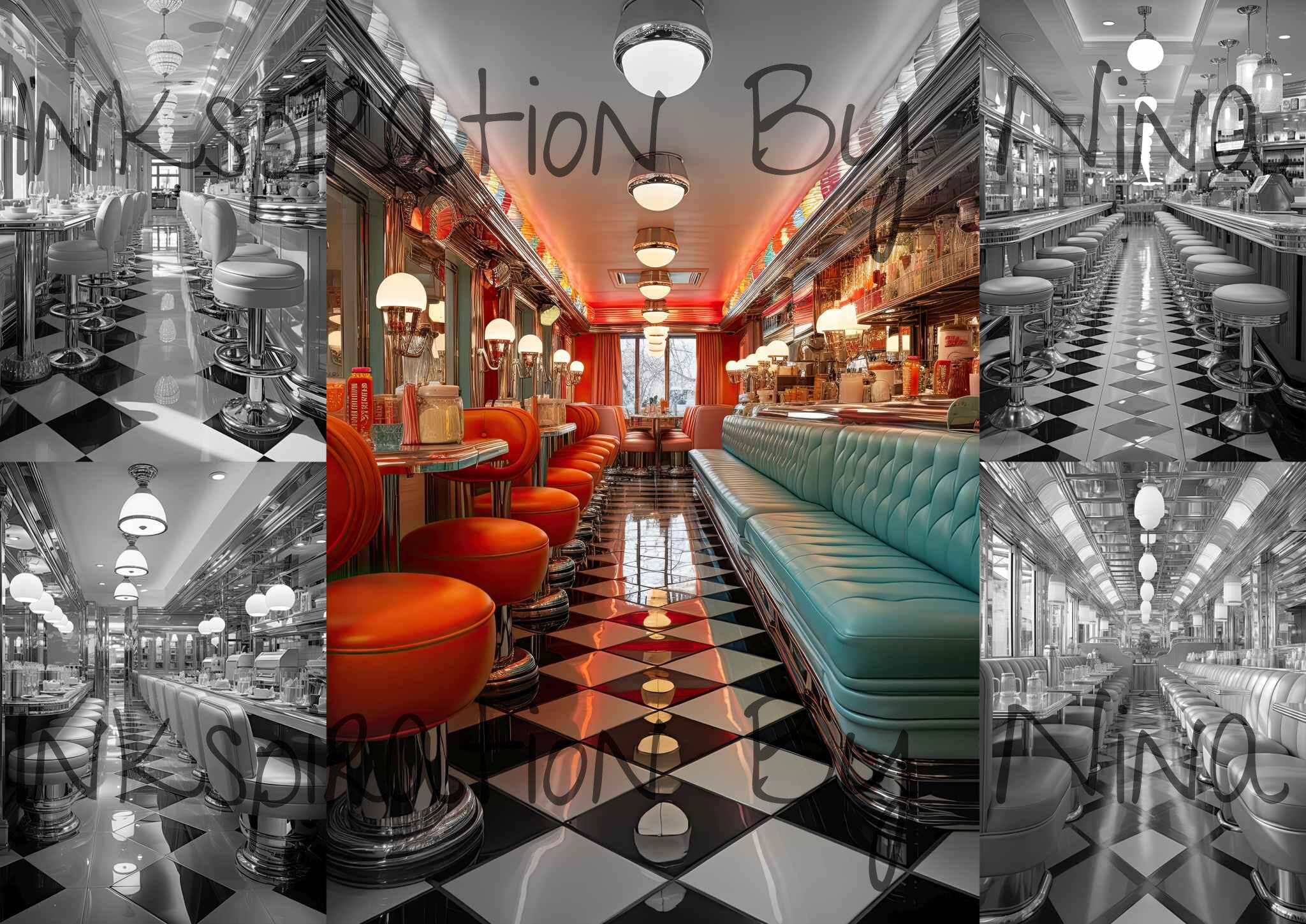 Retro American Diner Coloring Book, 20 Detail Greyscale Adult ...