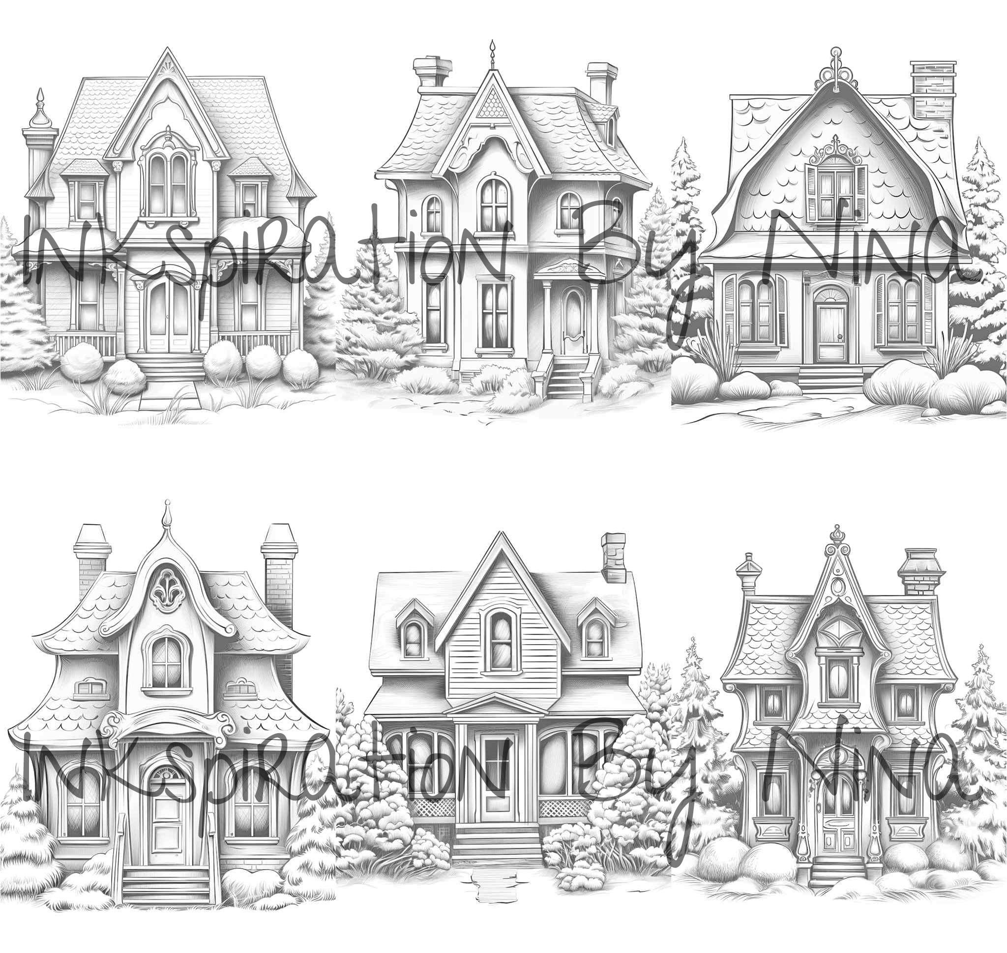 Small Christmas House Coloring Book, 24 Greyscale Adult & Kids Winter ...